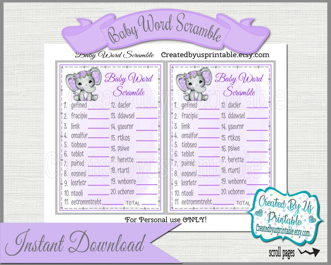 Elephant Baby Shower Game Girl Elephant Baby Word Scramble | Etsy