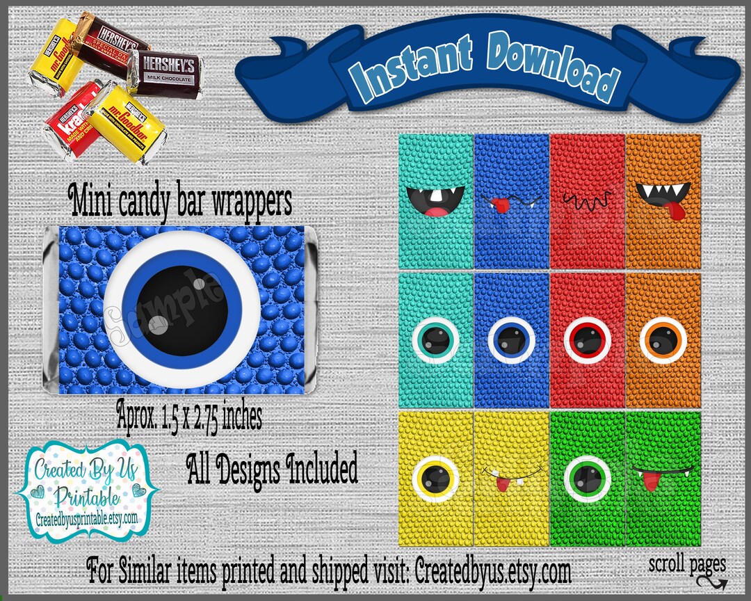 INSTANT DOWNLOAD Monster Candy Bar Stickers Monster Birthday ...