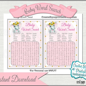 Elephant Baby Shower Game Girl Elephant Word Search Game Cards Elephant ...