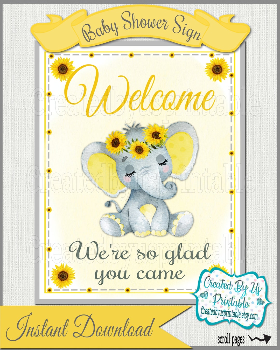 Baby Shower Willkommensschild Gelb Sonnenblume Schlafender Elefant Baby ...