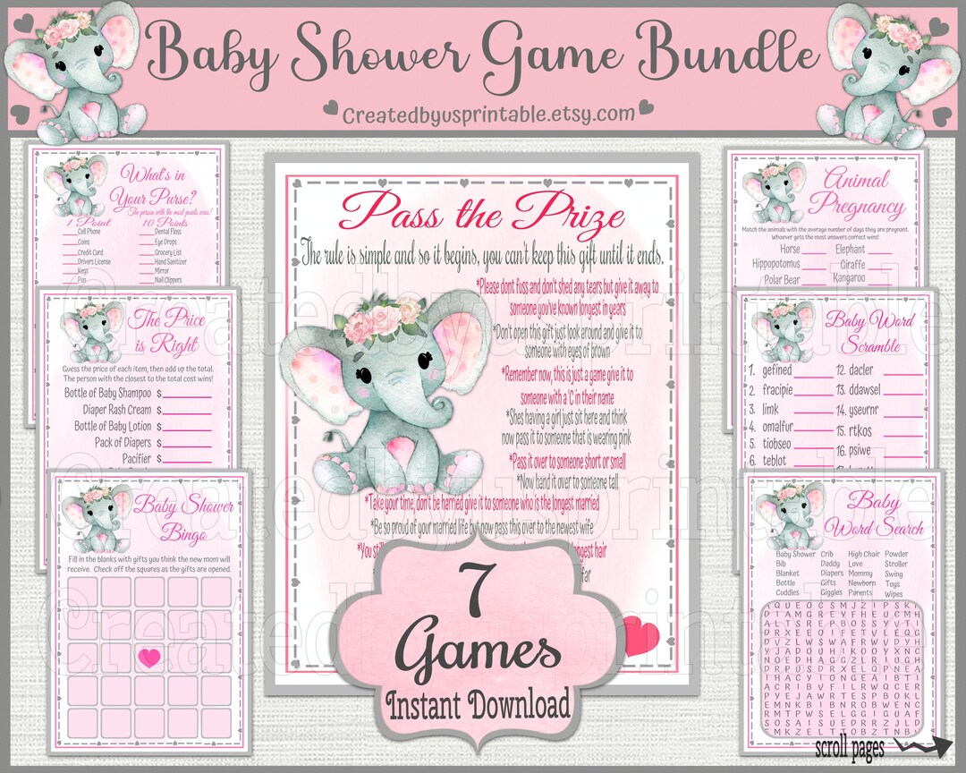 Elephant Baby Shower Games Printable Game Bundle Package Baby Elephant ...