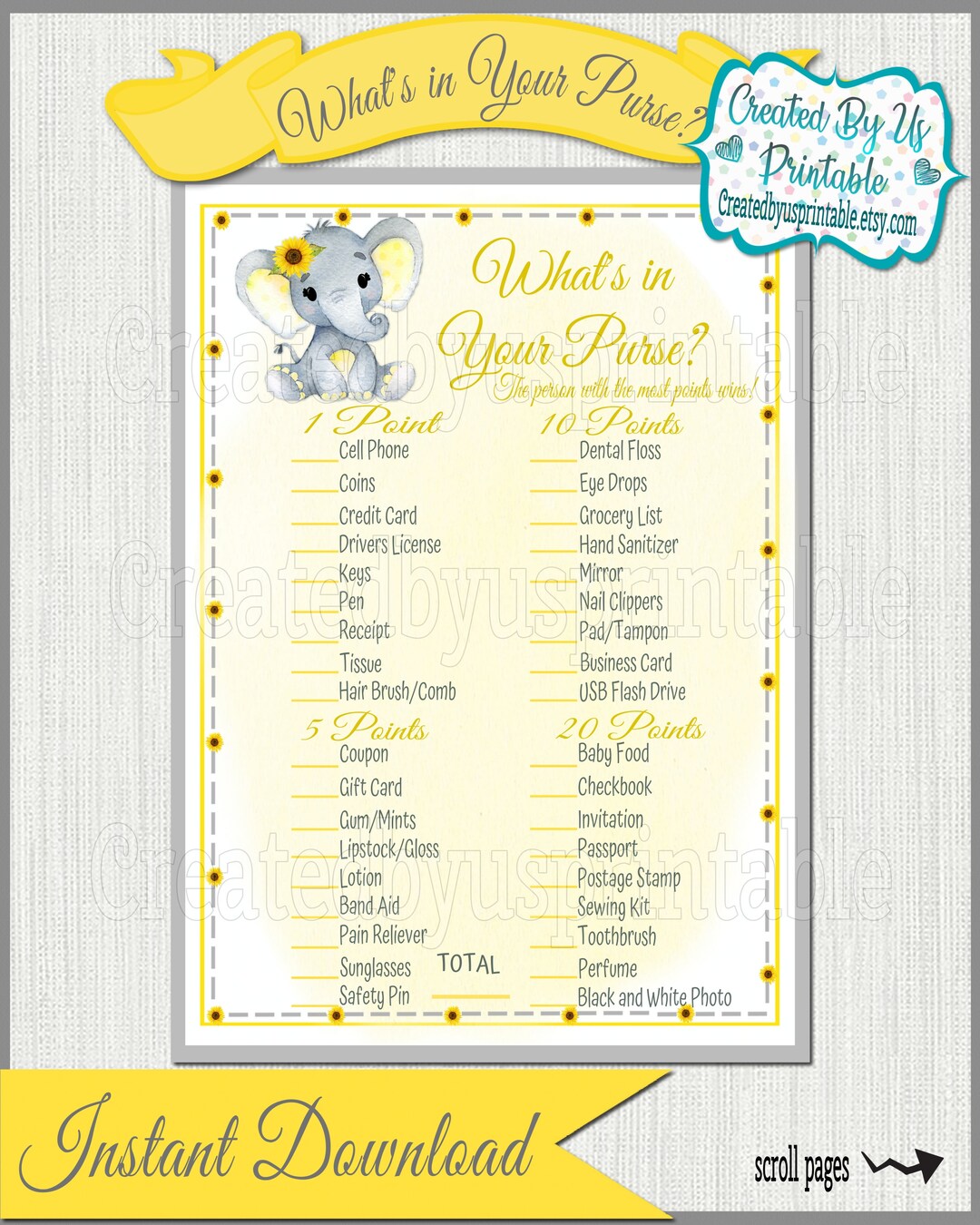 Elephant Baby Shower Game Girl Elephant What's in Your Purse Game ...