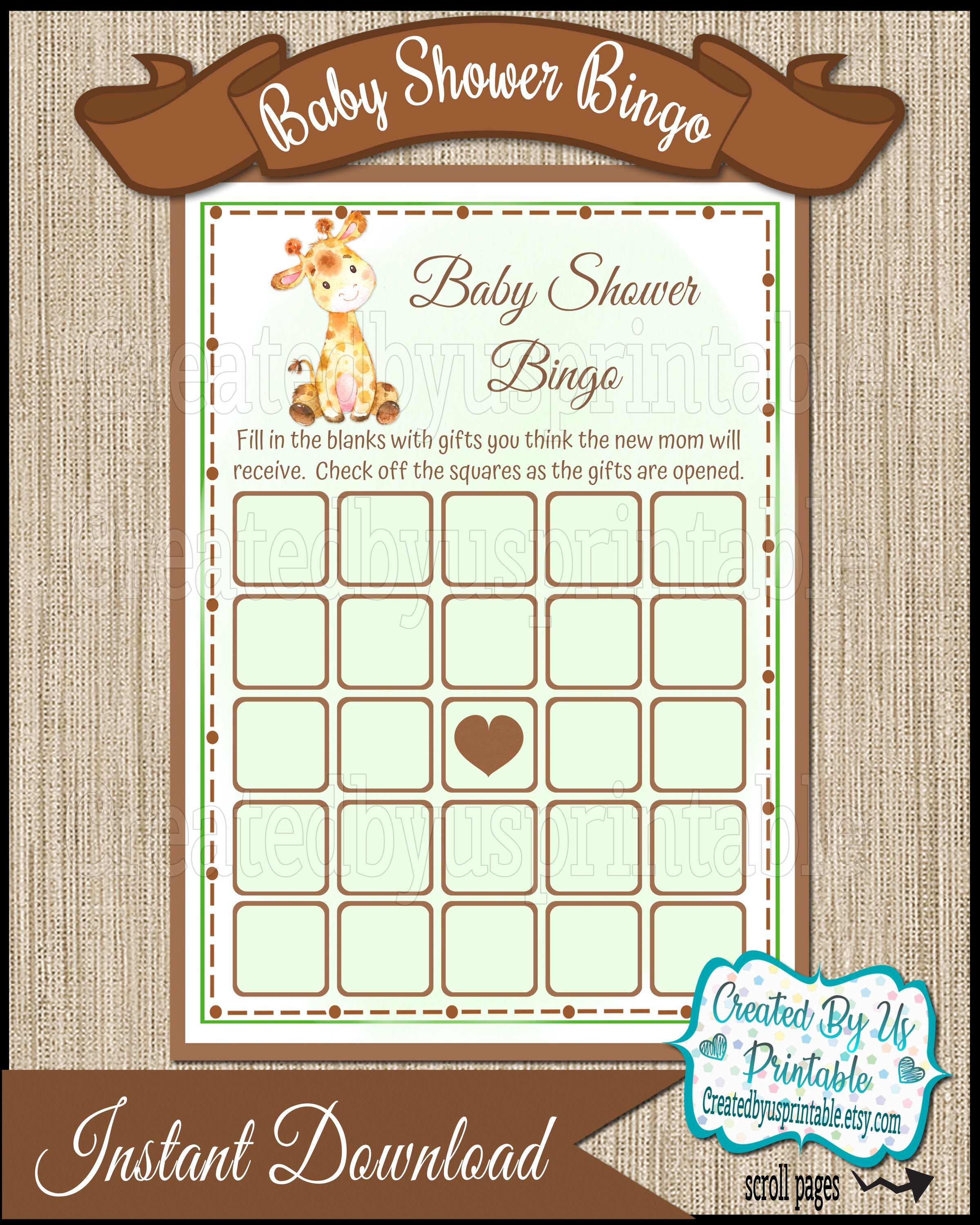 Giraffe Baby Shower Game Boy Giraffe Bingo Game Card Green Giraffe Baby ...