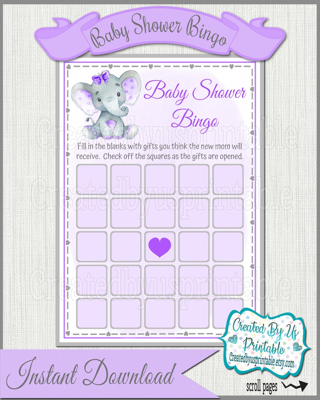 Elephant Baby Shower Game Girl Elephant Bingo Game Card Pink Elephant ...