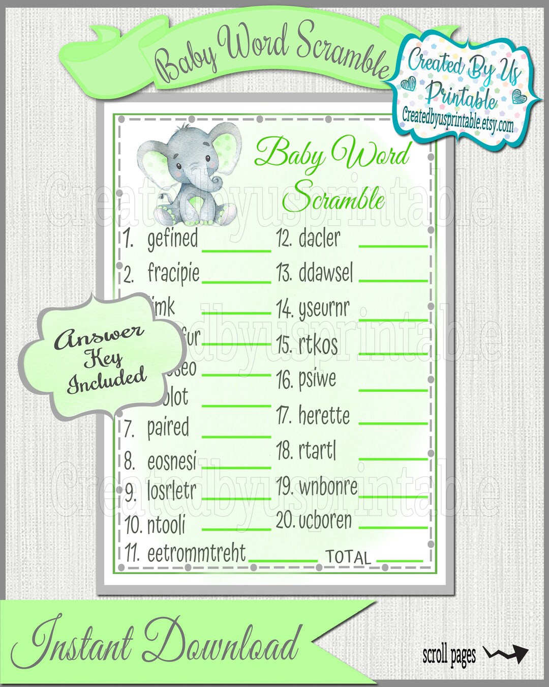 Elephant Baby Shower Game Boy Elephant Baby Word Scramble Game Cards ...