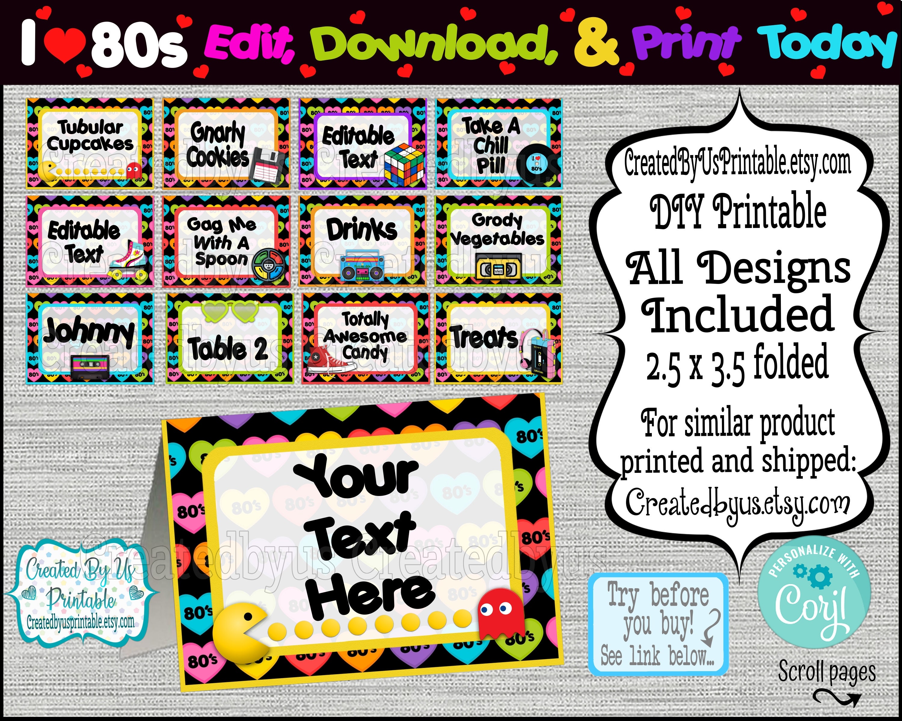 INSTANT DOWNLOAD 80s Food Tent Cards EDITABLE Retro Place Cards I Love ...