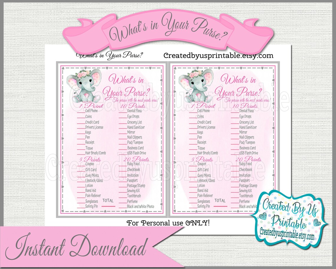 Elephant Baby Shower Game Girl Elephant What's in Your - Etsy