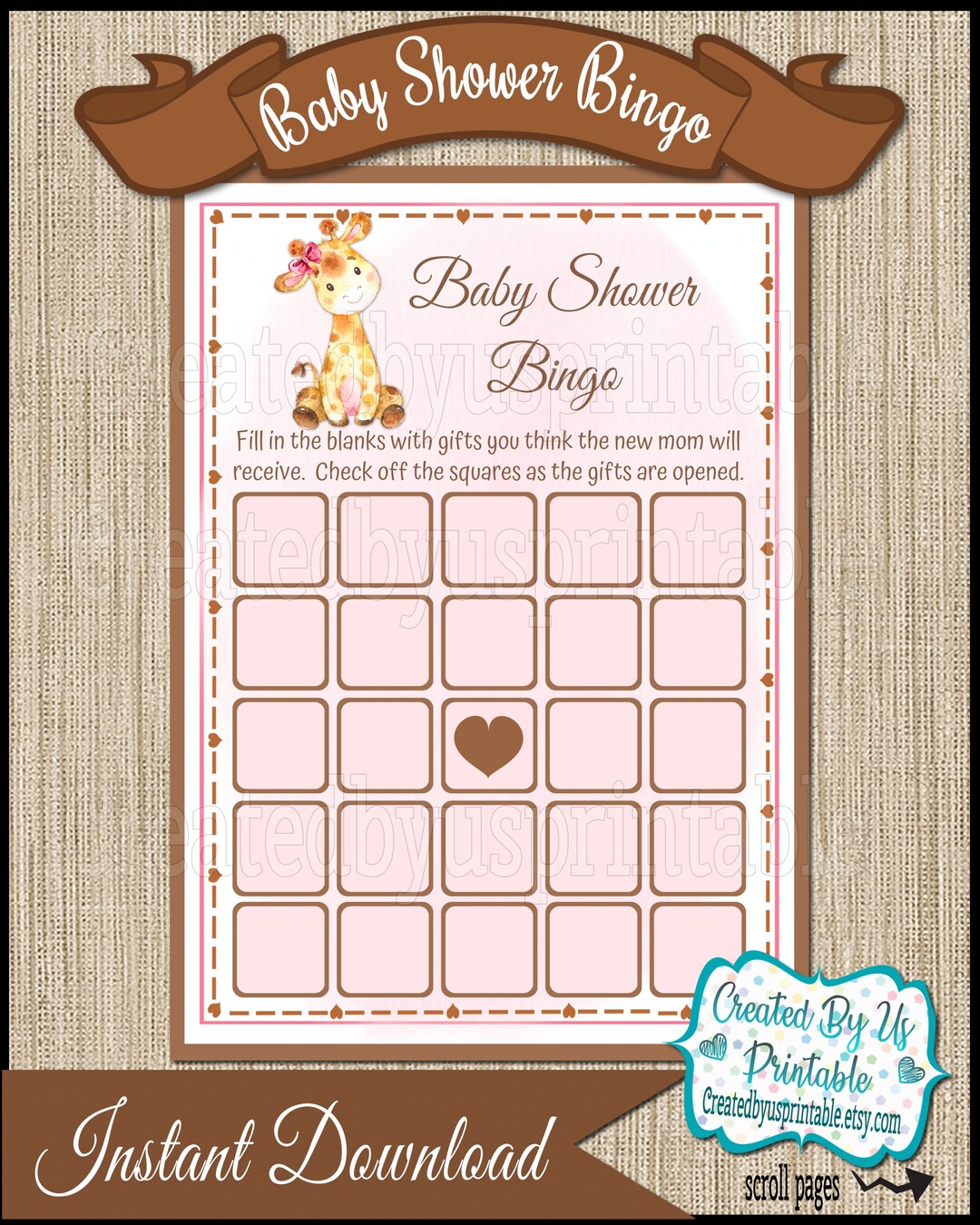 Giraffe Baby Shower Game Girl Giraffe Bingo Game Cards Pink Giraffe ...