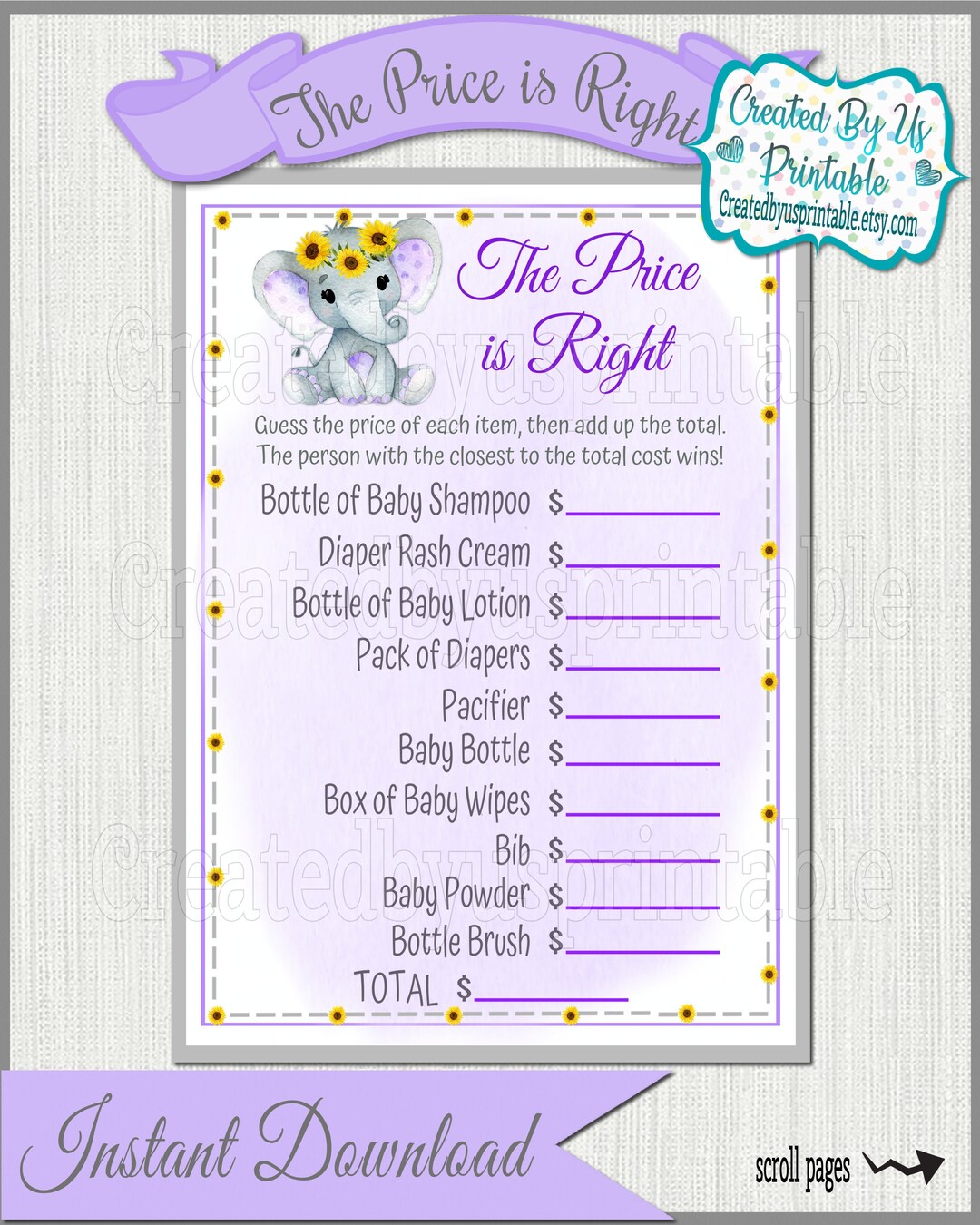 Elephant Baby Shower Game Purple Sunflower Elephant Baby Girl Shower ...