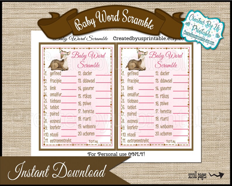 Deer Baby Shower Game Girl Deer Baby Word Scramble Game Cards - Etsy