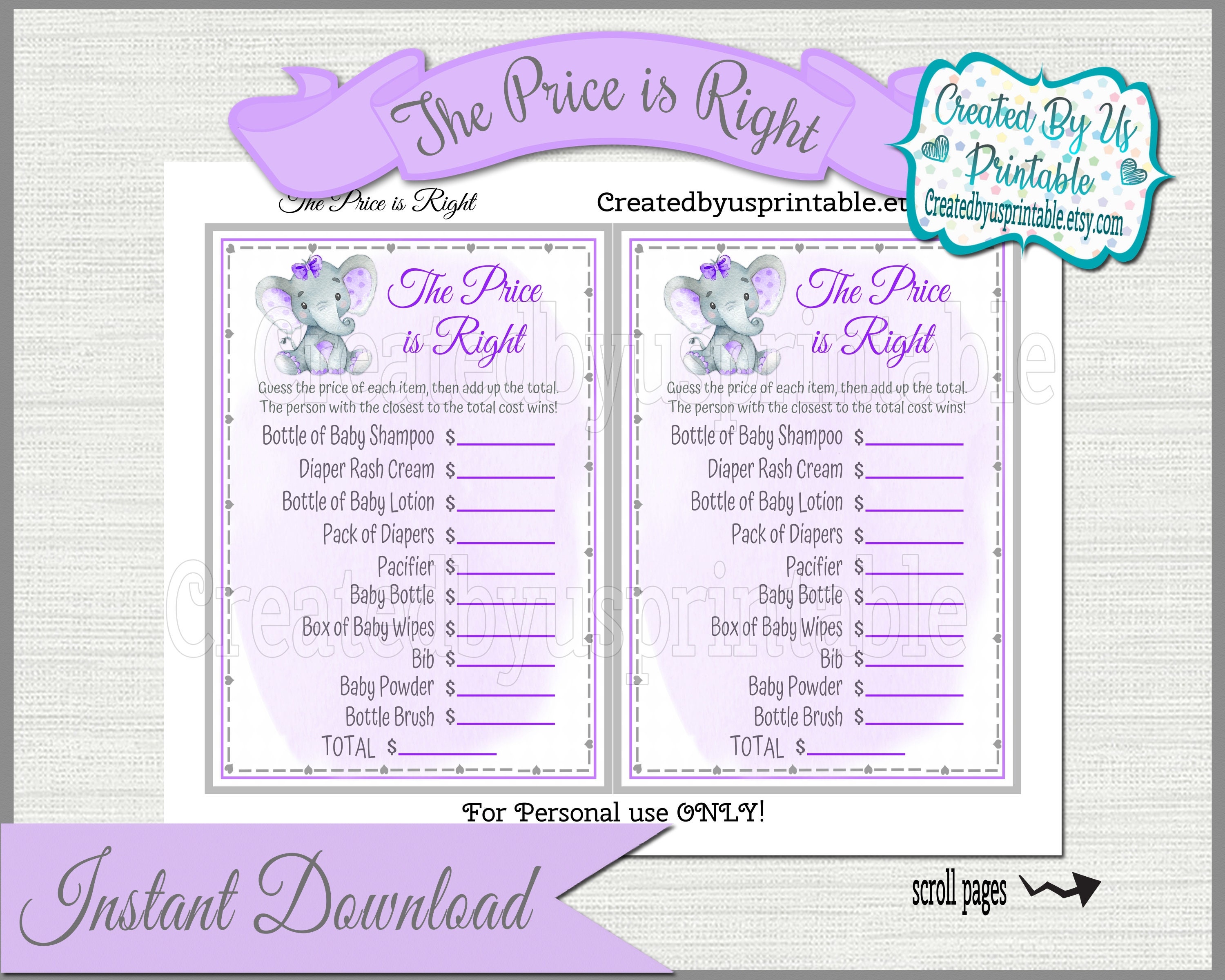 Elephant Baby Shower Game Girl Elephant the Price is Right Game Purple ...