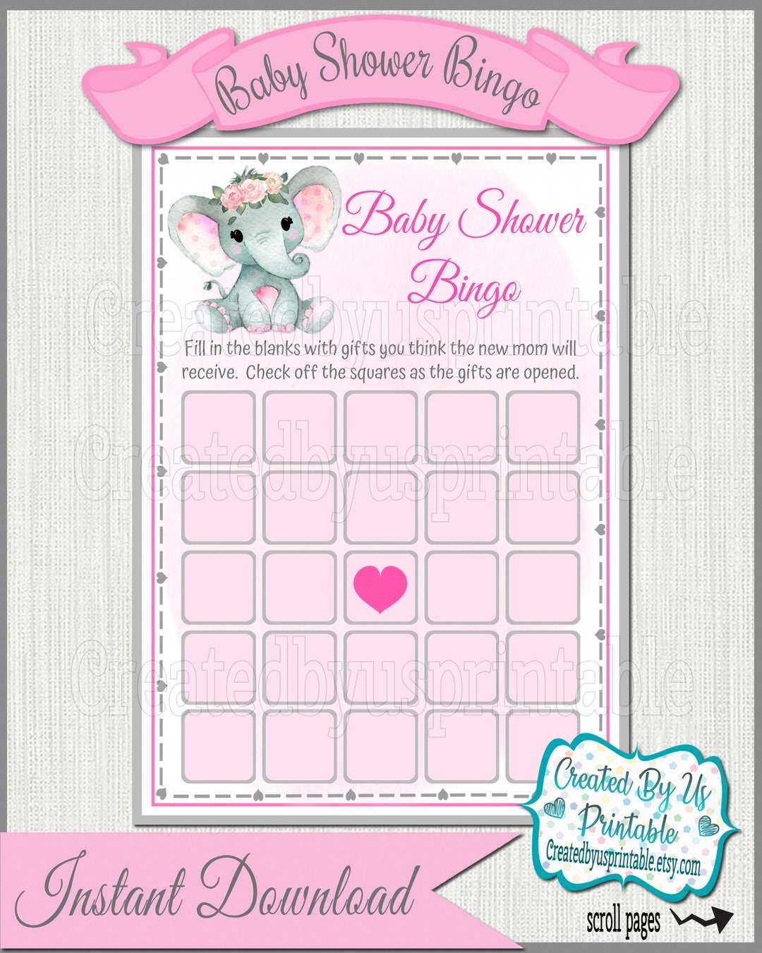 Elephant Baby Shower Game Girl Elephant Game Cards Pink Floral Elephant ...