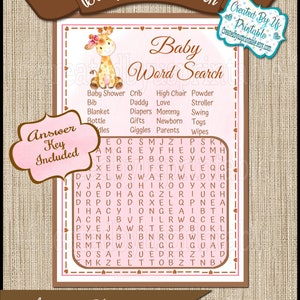 Giraffe Baby Shower Game Girl Giraffe Word Search Game Card Giraffe ...
