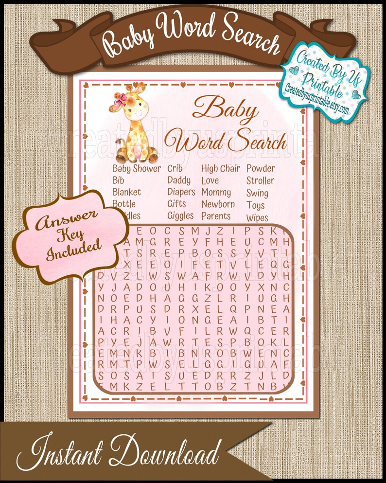 Giraffe Baby Shower Game Girl Giraffe Word Search Game Card | Etsy