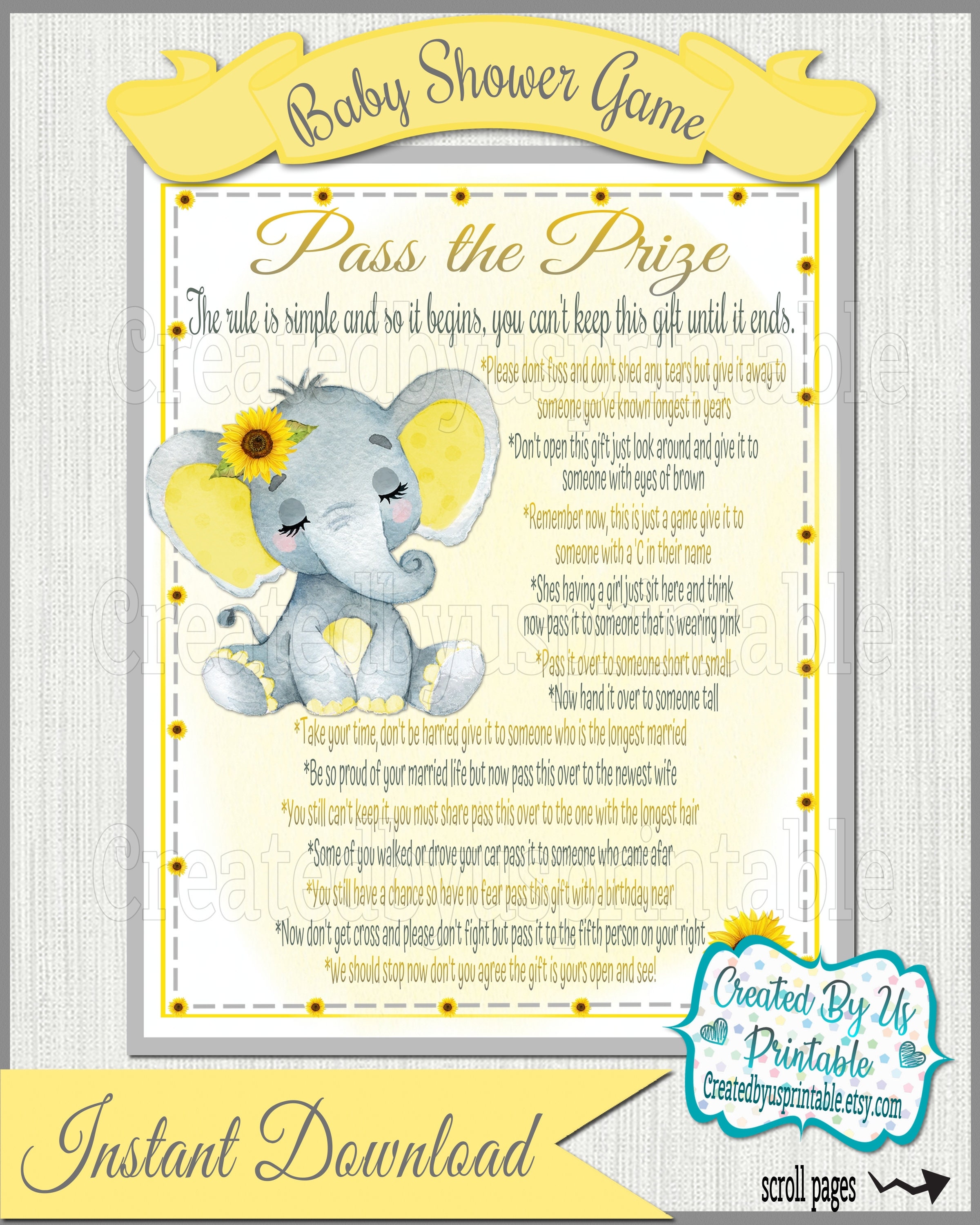 Elephant Baby Shower Game Printable Game Bundle Package Yellow - Etsy