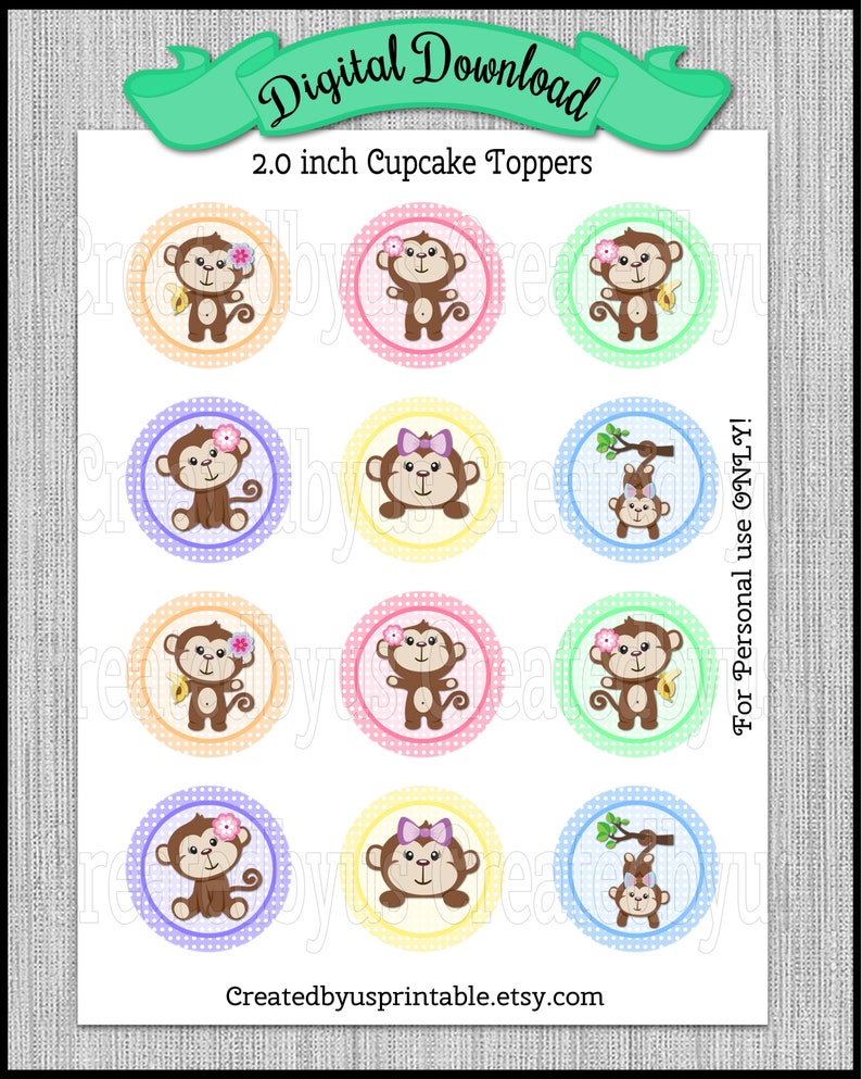 Girl Monkey Cupcake Toppers Monkey Birthday Party 2.0 Inch Circle ...