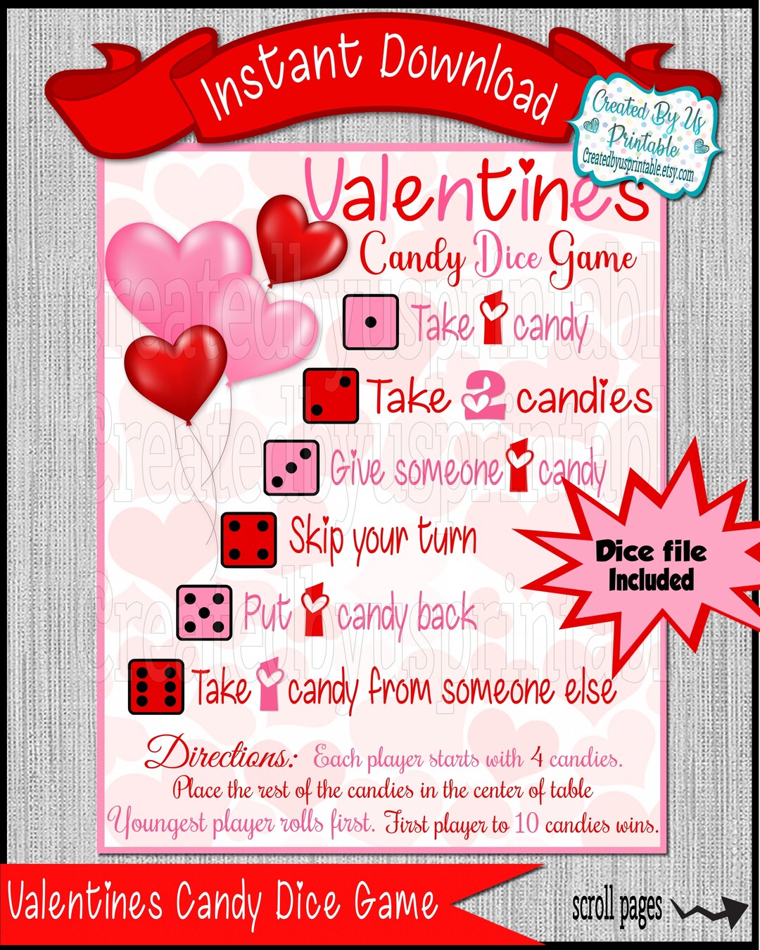 Valentine Candy Dice Game Valentine Party Games for Kids and Adults ...