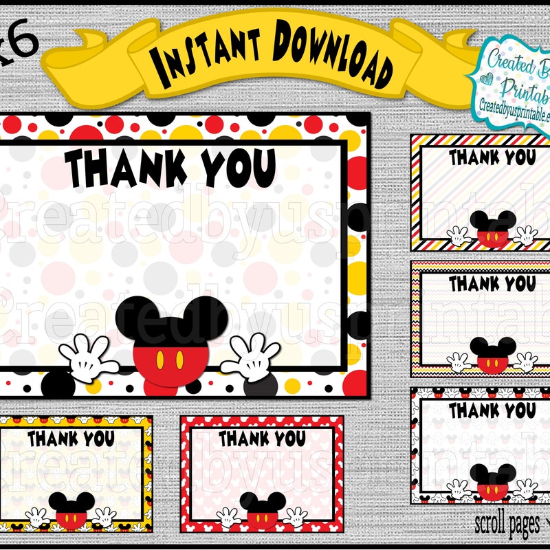 Mickey Mouse Thank You Cards - Etsy
