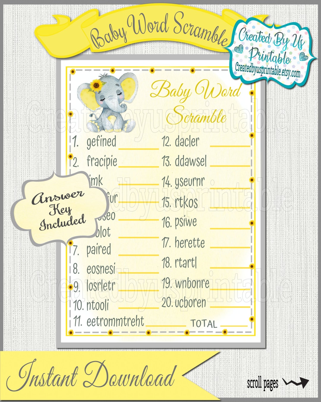 Elephant Baby Shower Game Girl Elephant Baby Word Scramble Game Yellow ...