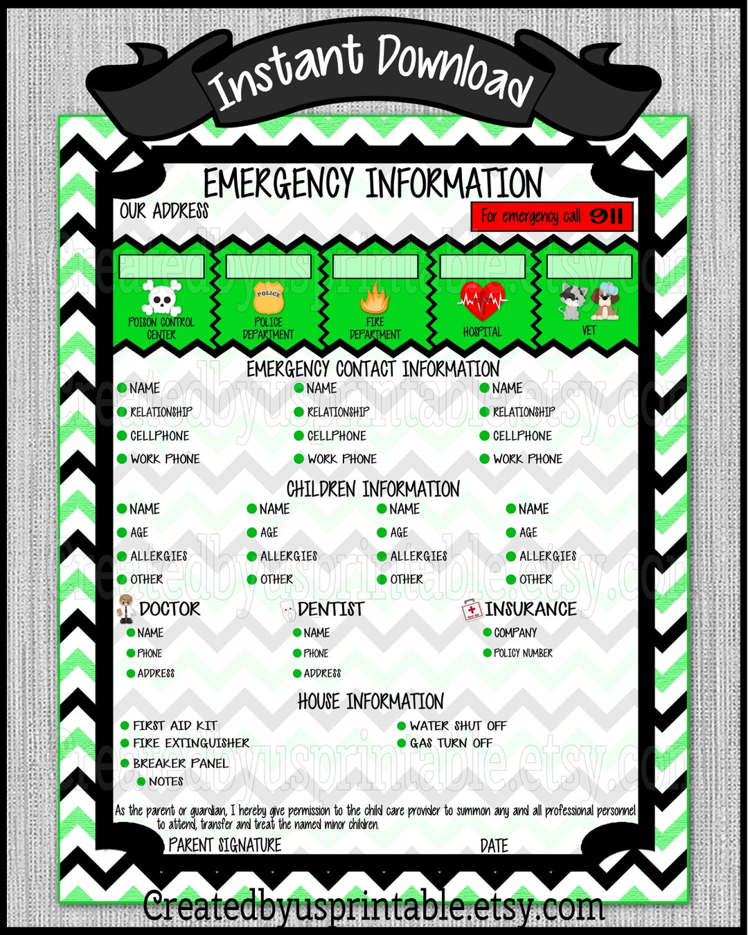 INSTANT DOWNLOAD Babysitter Emergency Contact Form Emergency Contact ...