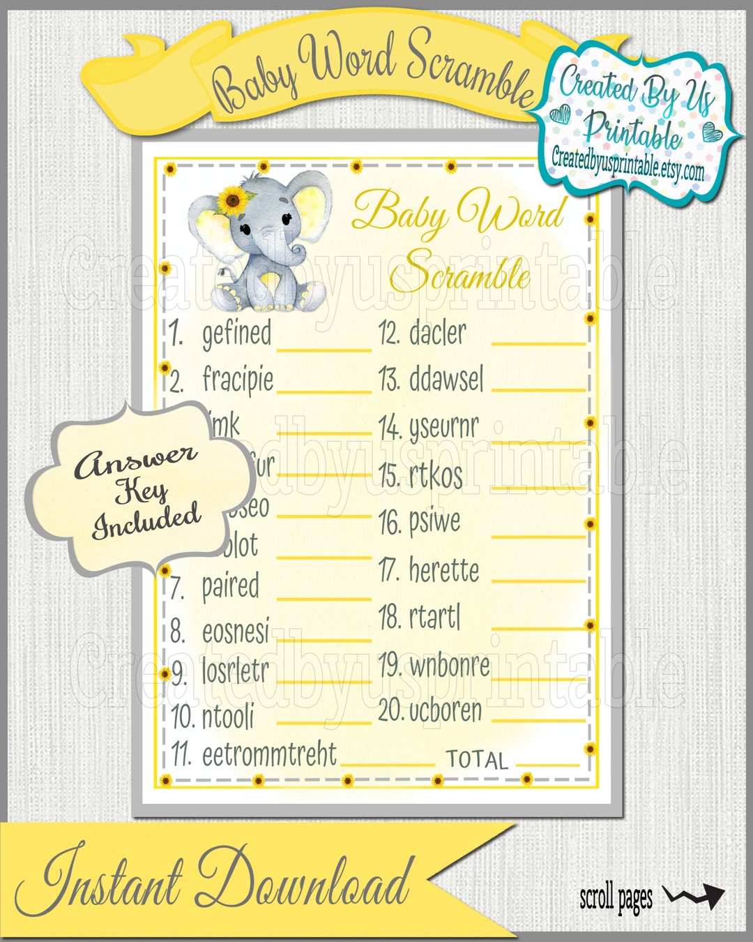 Elephant Baby Shower Game Girl Elephant Baby Word Scramble Game Yellow ...