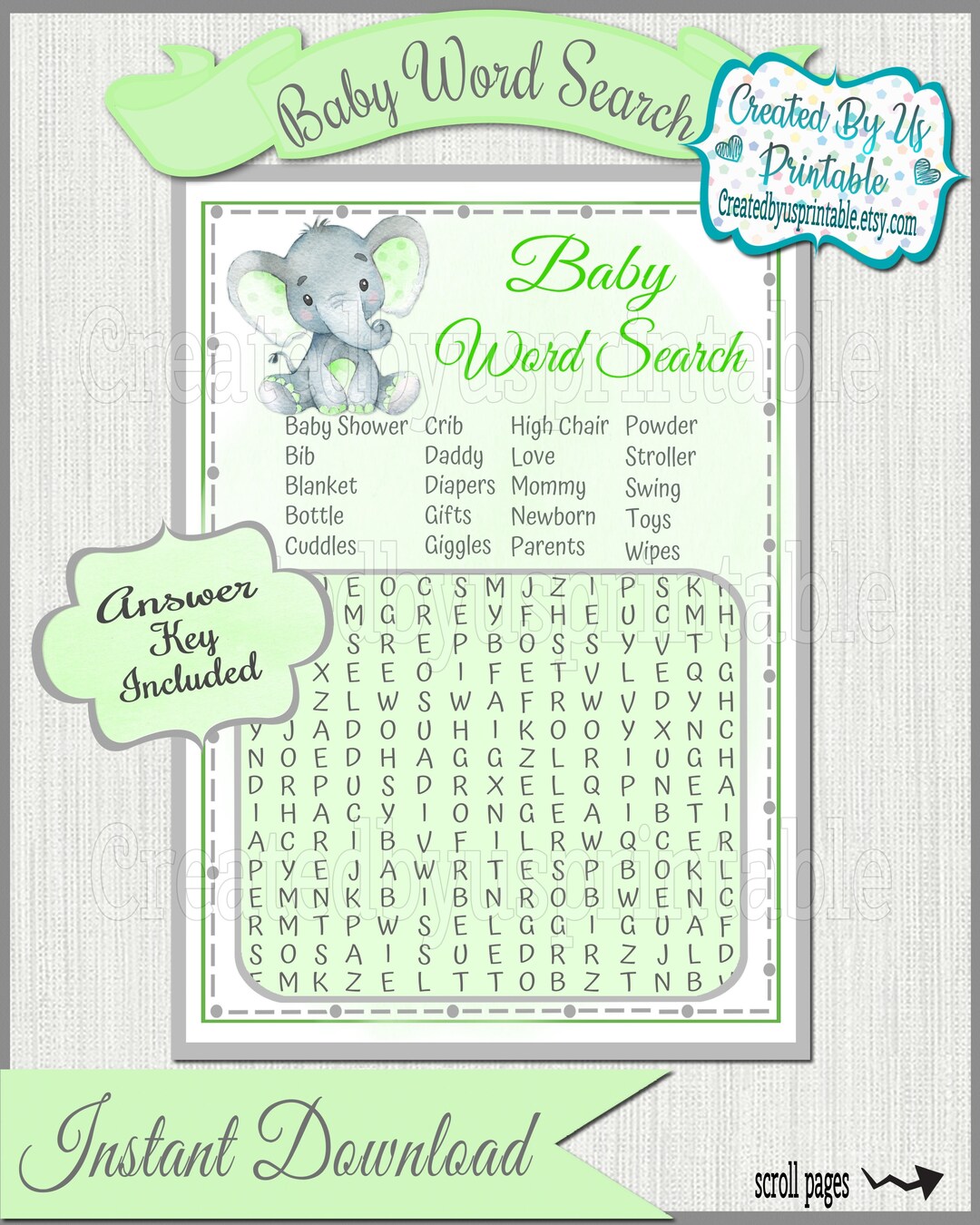Elephant Baby Shower Game Boy Elephant Word Search Game Cards Elephant ...