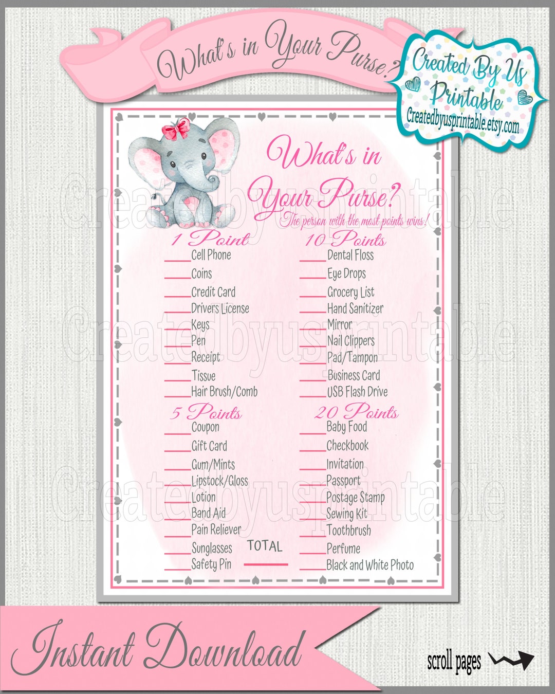 Elephant Baby Shower Game Girl Elephant What's in Your Purse Game Pink ...