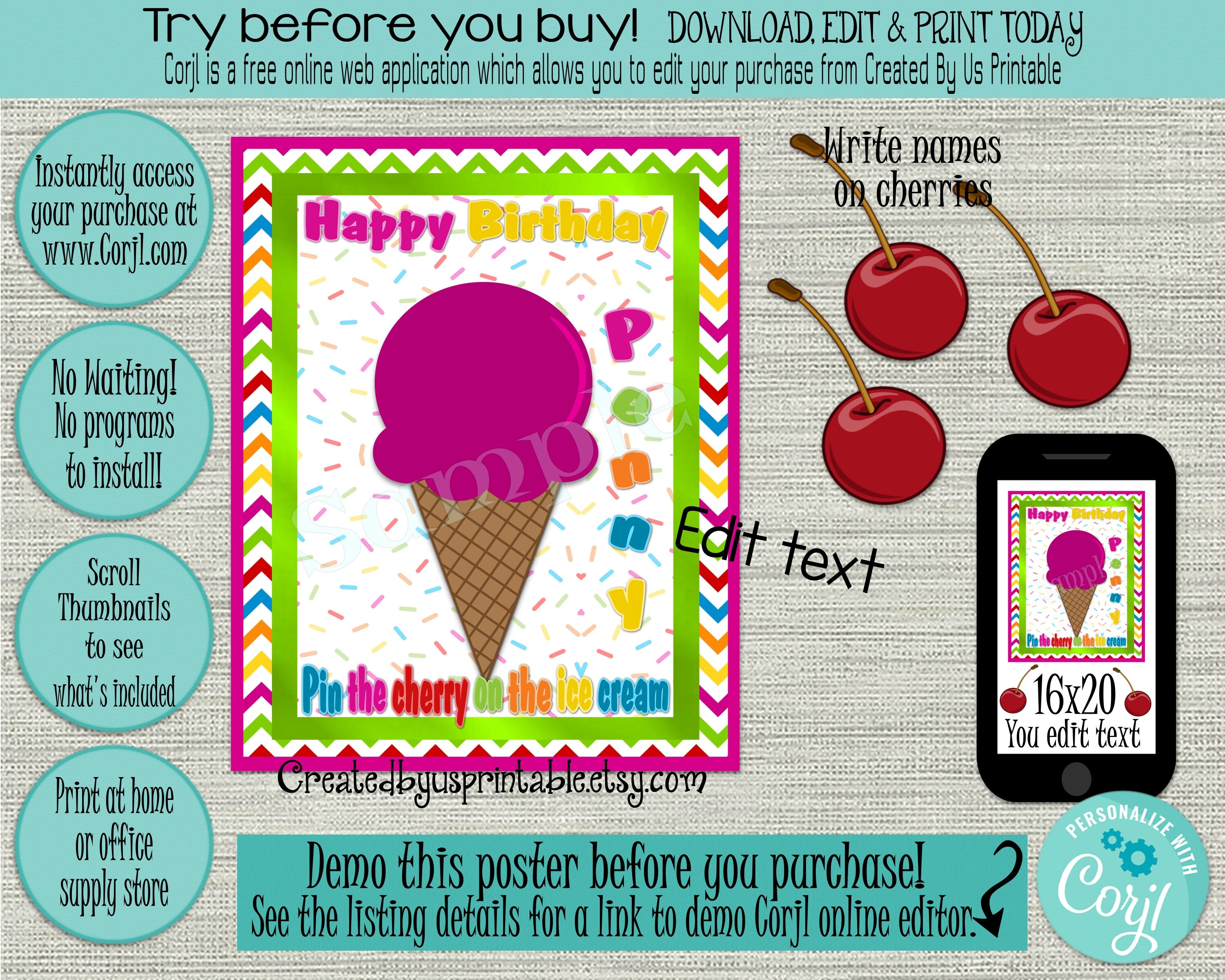 EDITABLE Pin the Cherry on the Icecream game INSTANT DOWNLOAd - Etsy España