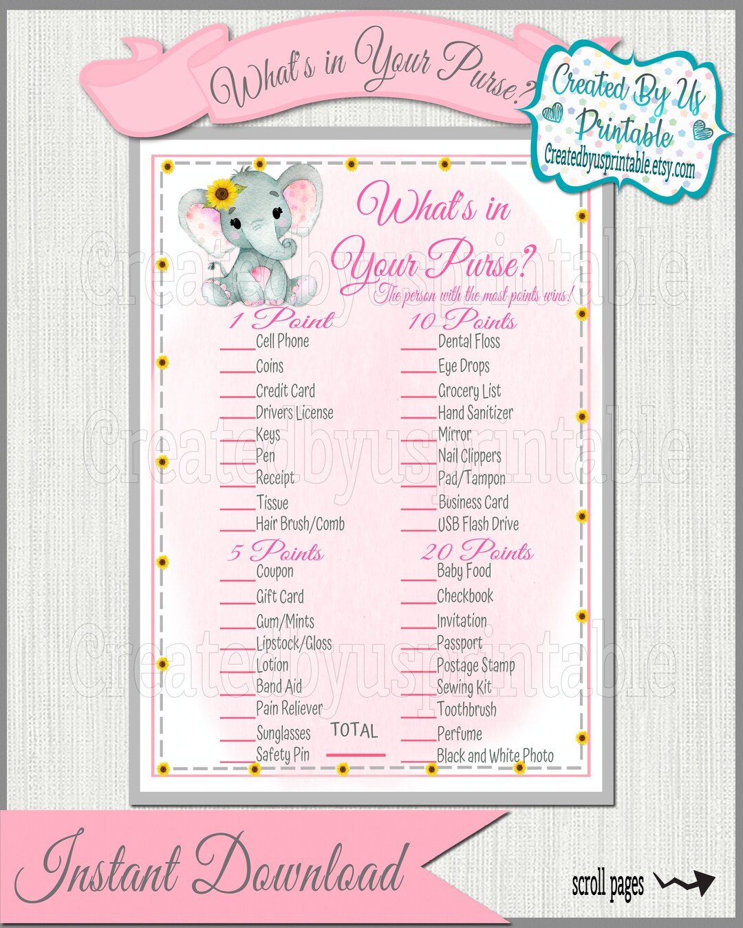 Elephant Baby Shower Game Girl Elephant What's in Your Purse Game Pink ...