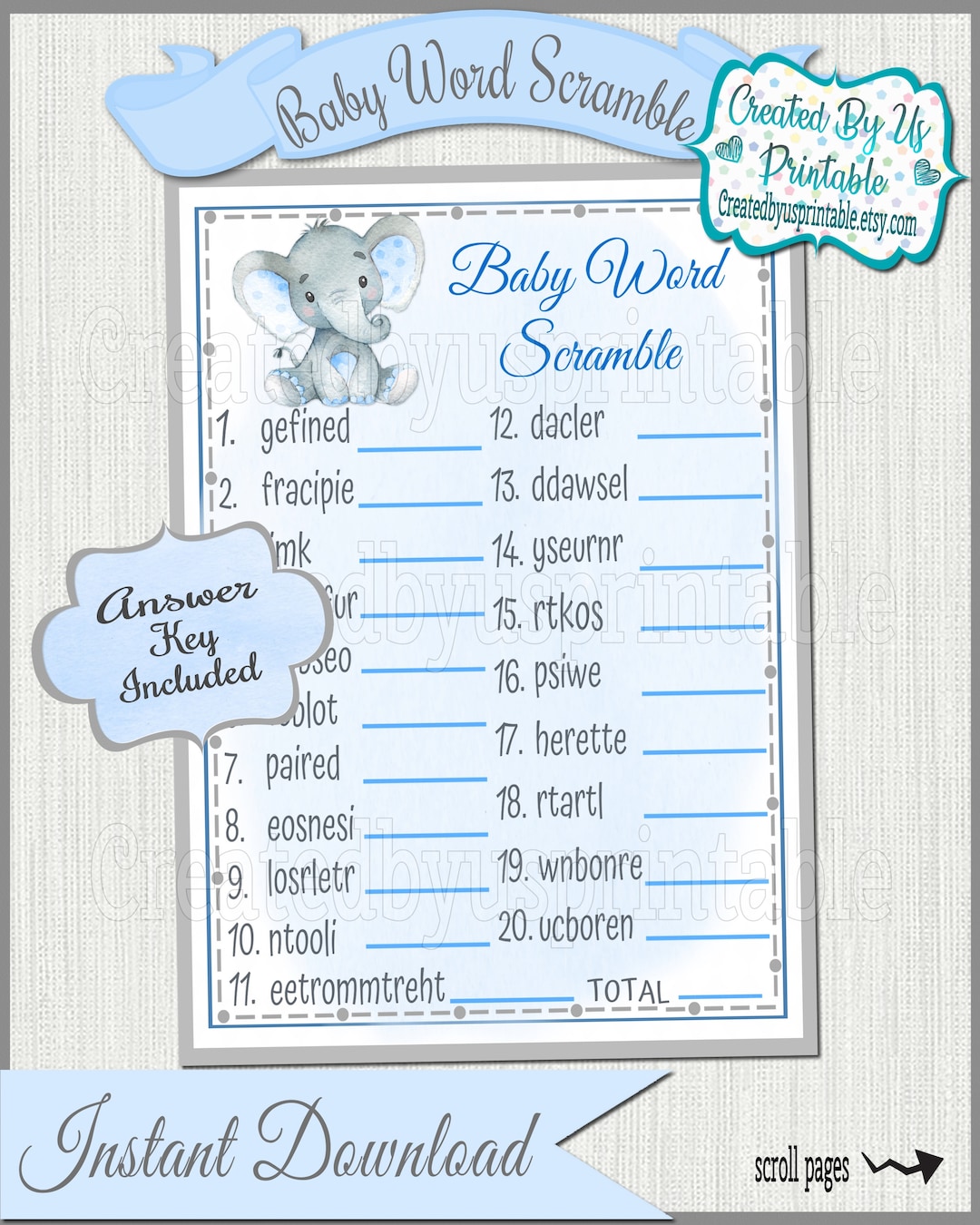 Elephant Baby Shower Game Boy Elephant Baby Word Scramble Game Cards ...