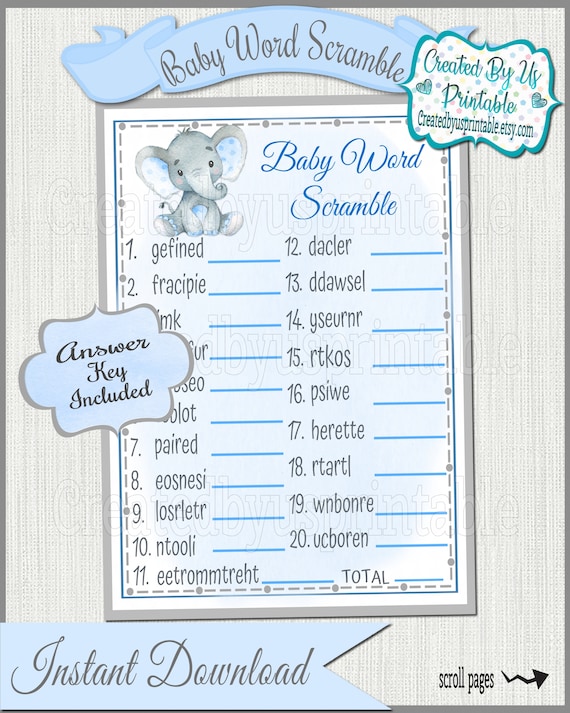 Elephant Baby Shower Game Boy Elephant Baby Word Scramble Game | Etsy