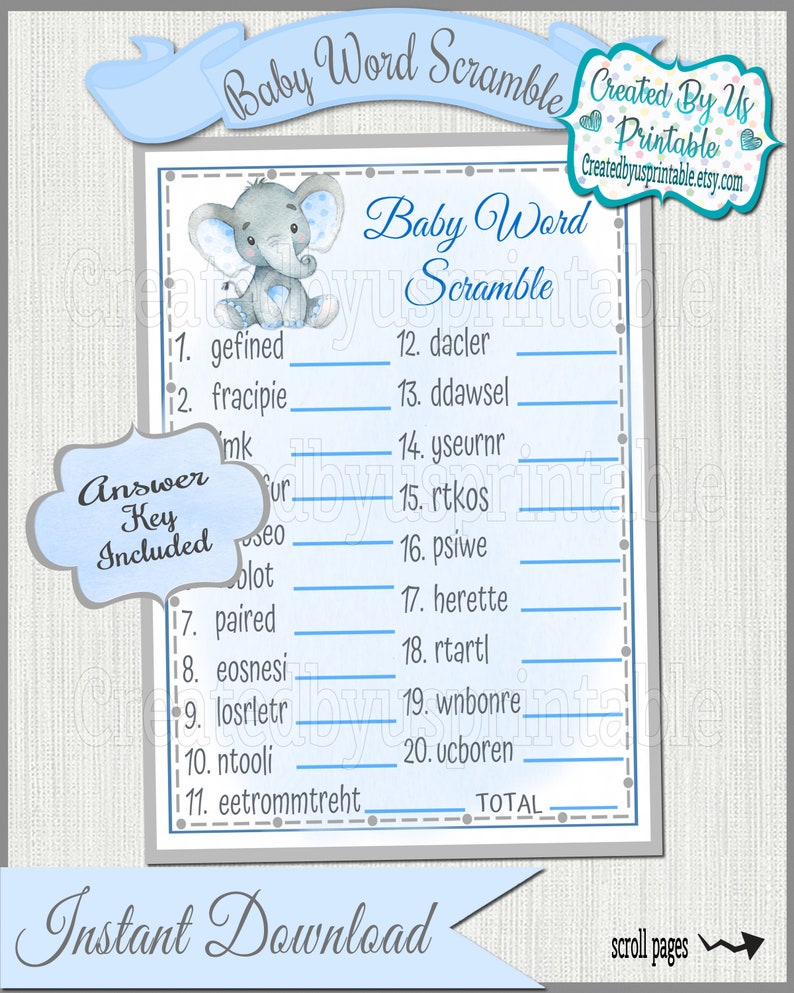 Elephant Baby Shower Game Boy Elephant Baby Word Scramble Game Cards ...