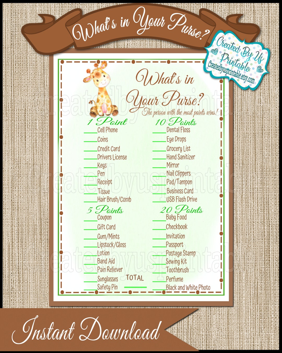 Giraffe Baby Shower Game Boy Giraffe What's in Your Purse - Etsy