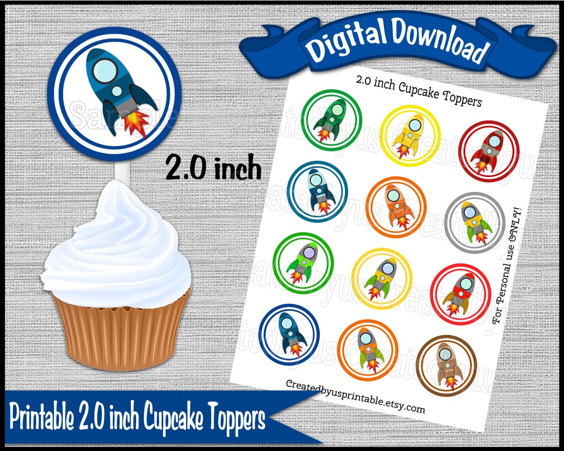 Rocket Cupcake Toppers Space Birthday Party 2.0 Inch Cupcake Picks ...
