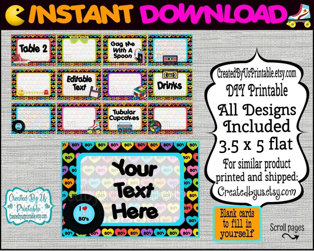 I Love 80s Table Food Labels EDITABLE 80's Food Cards Retro Place Cards ...