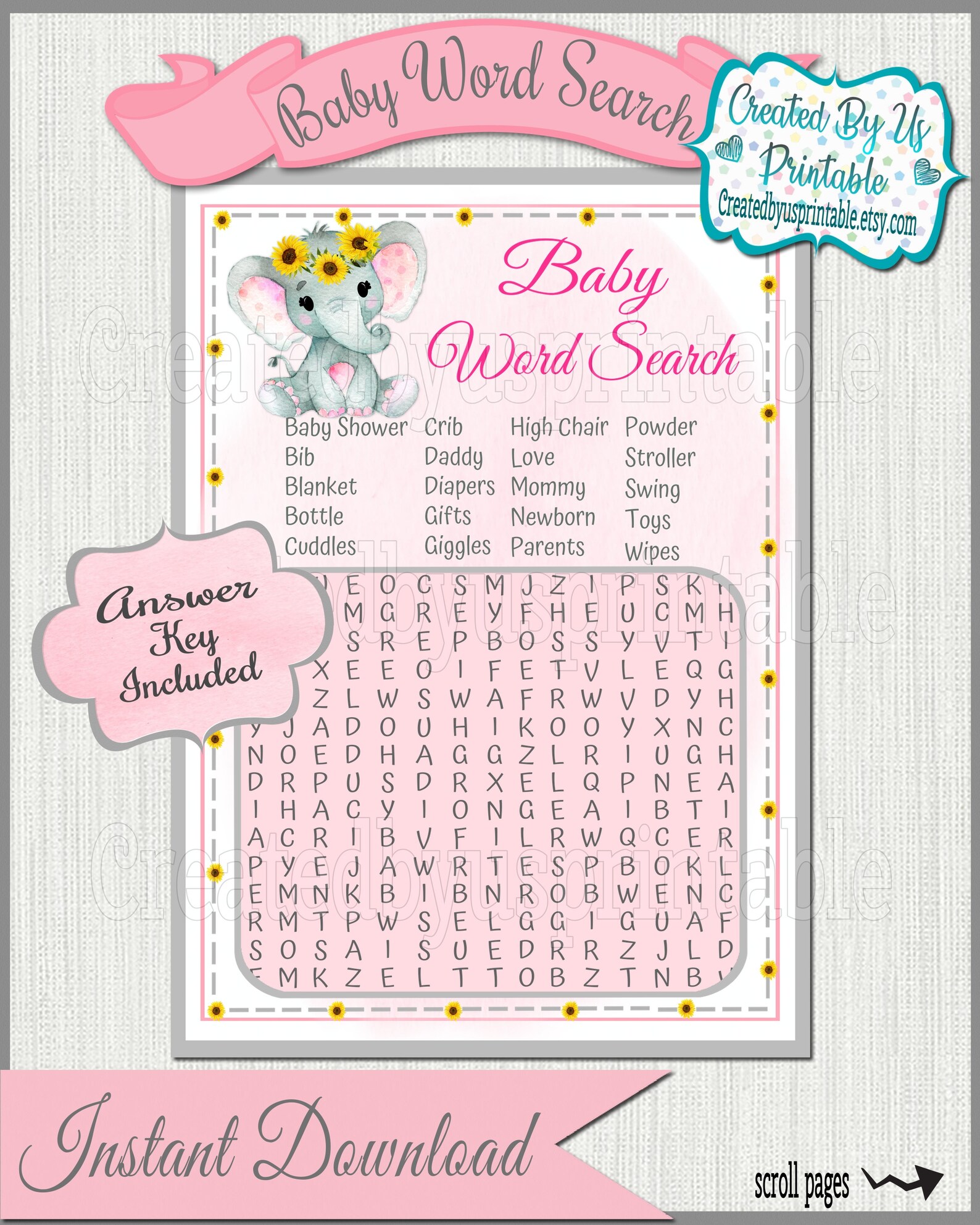 Elephant Baby Shower Game Girl Elephant Word Search Game Cards Elephant ...