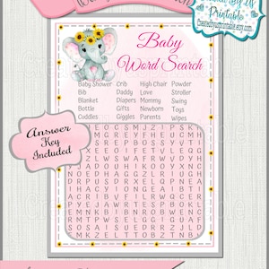 Elephant Baby Shower Game Girl Elephant Word Search Game Cards Elephant ...