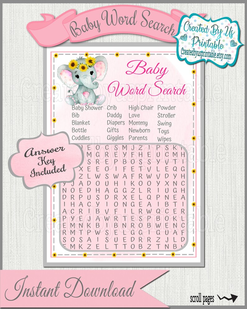 Elephant Baby Shower Game Girl Elephant Word Search Game Cards Elephant ...