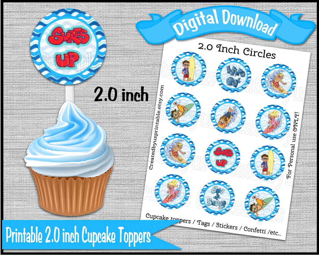 Surfer Cupcake Toppers Surfing Birthday Party 2 Inch Circle Cupcake ...