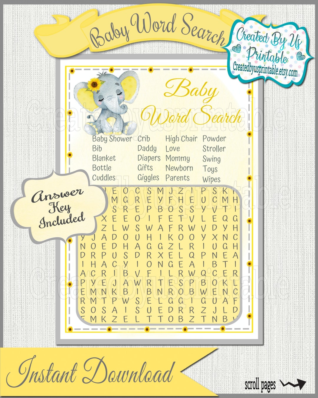 Elephant Baby Shower Game Girl Elephant Word Search Game Cards Yellow ...