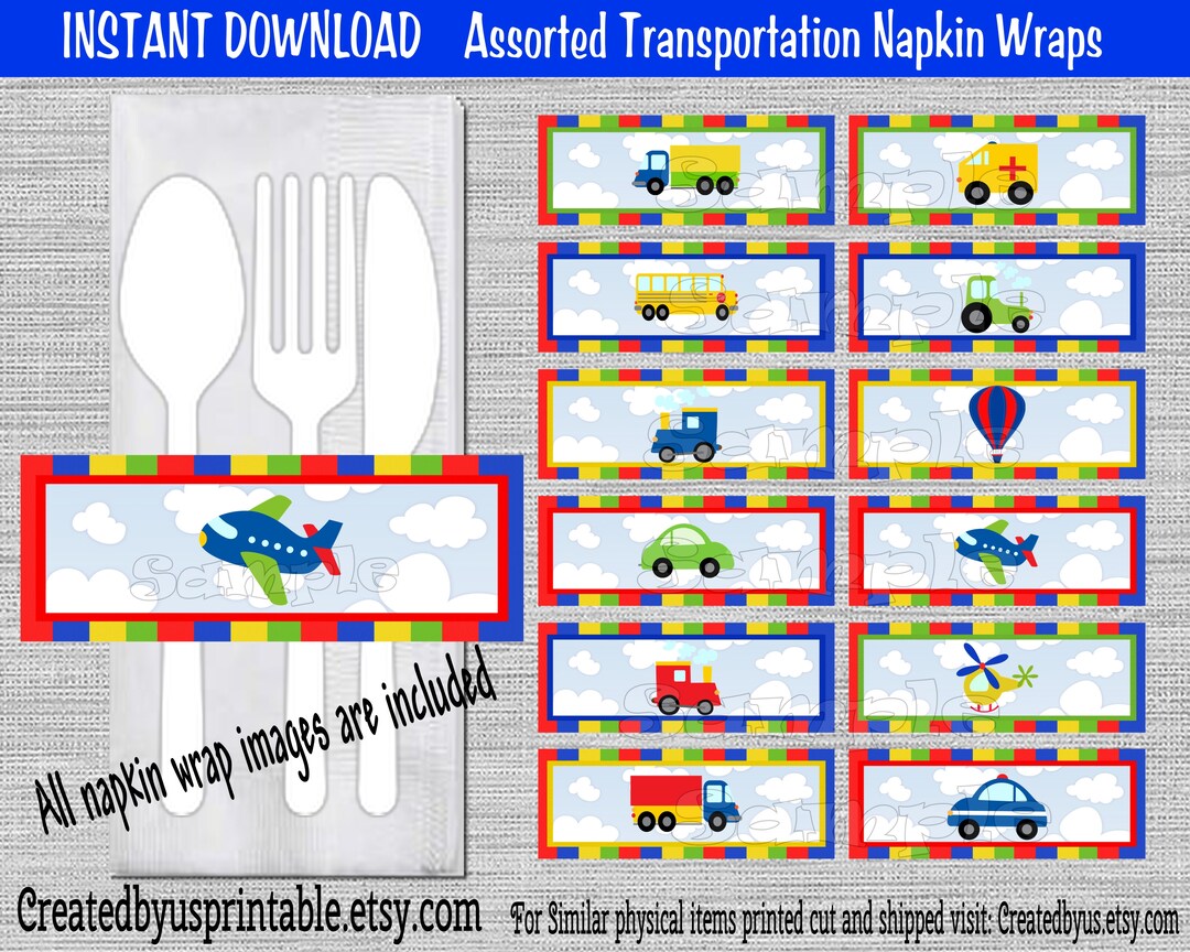 INSTANT DOWNLOAD Transportation Napkin Wraps Birthday Decorations Baby ...