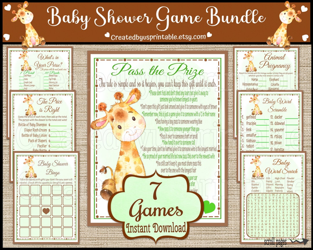 Giraffe Baby Shower Games Printable Game Bundle Package Baby Giraffe ...