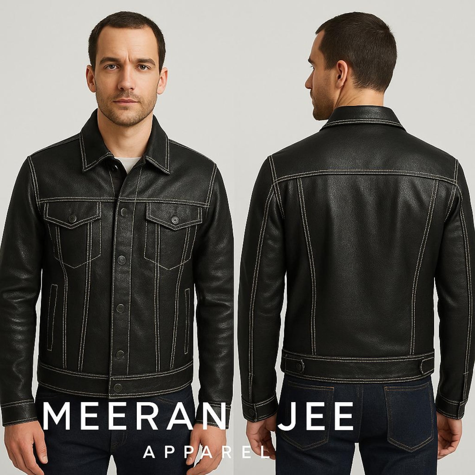 Classic Black Leather Trucker Jacket – White Stitching | Natural ...