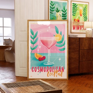 Pink Gin Print / Retro Cocktail Poster / Colourful / Kitchen Wall Art ...