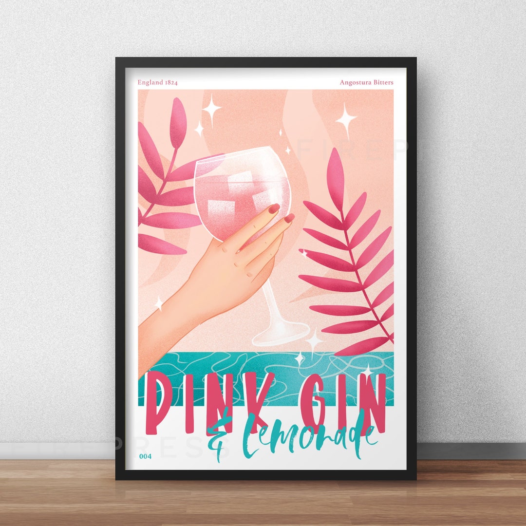 Pink Gin Print / Retro Cocktail Poster / Colourful / Kitchen Wall Art ...