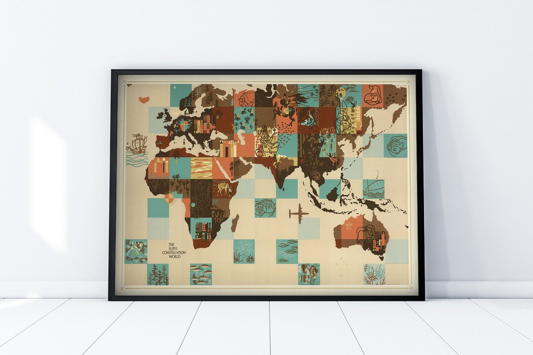Global Map Travel Poster Vintage Aviation Print the Super - Etsy
