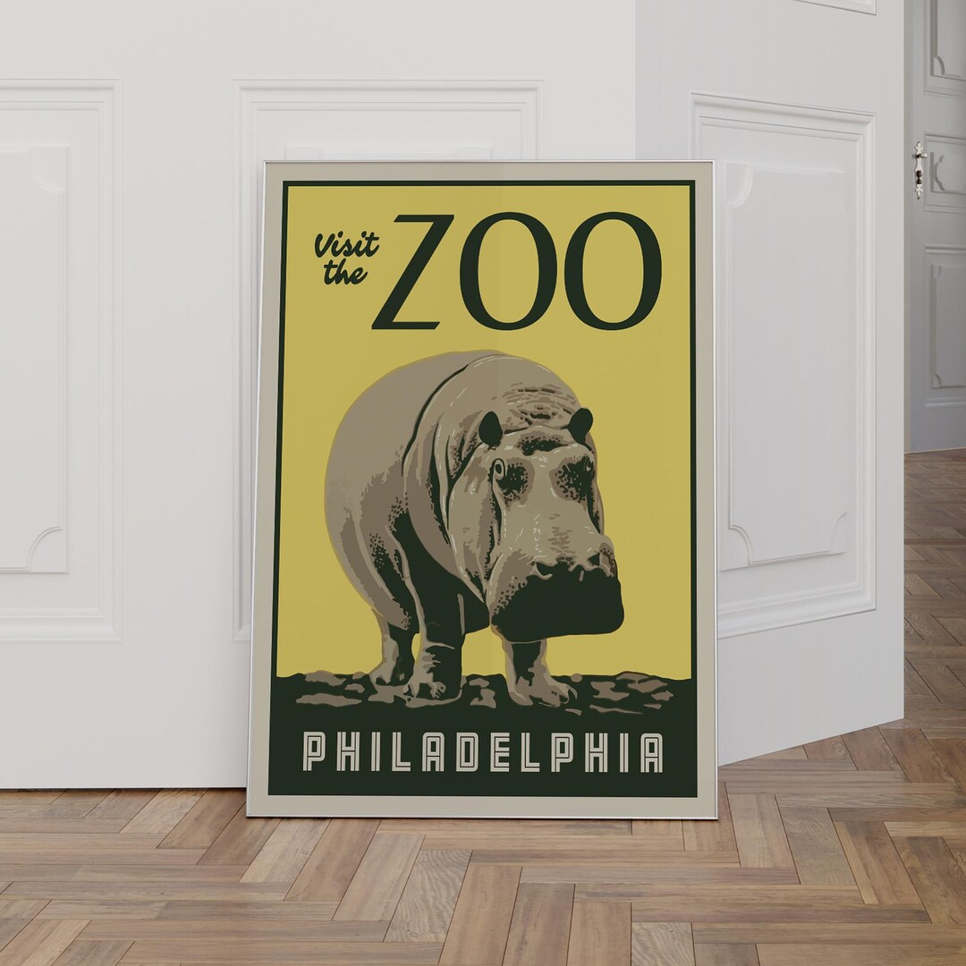 Vintage Hippo Poster, Visit the Zoo in Philadelphia Travel Print, Art ...
