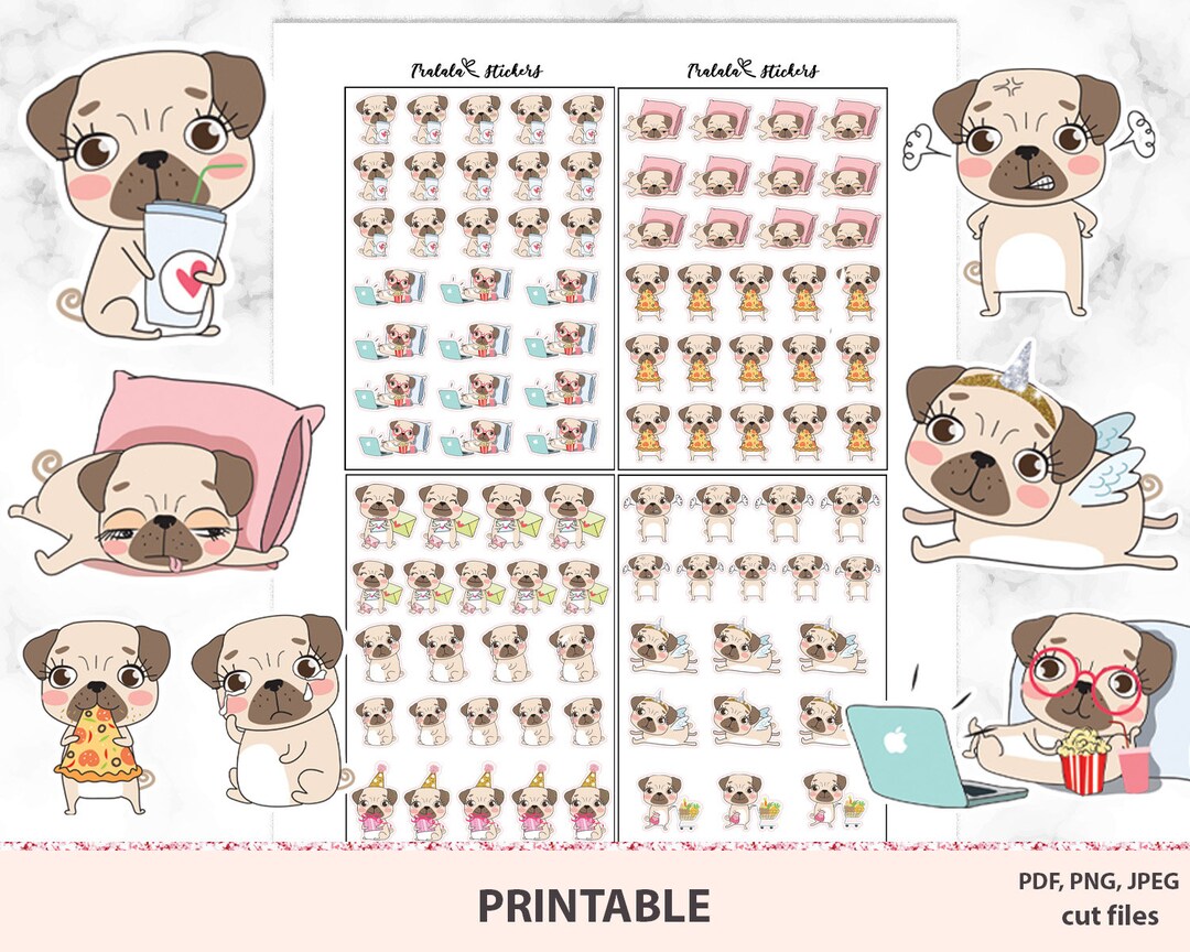 Pugs Printable Planner Stickers, Pug Life Sticker Set, Puppy Stickers ...