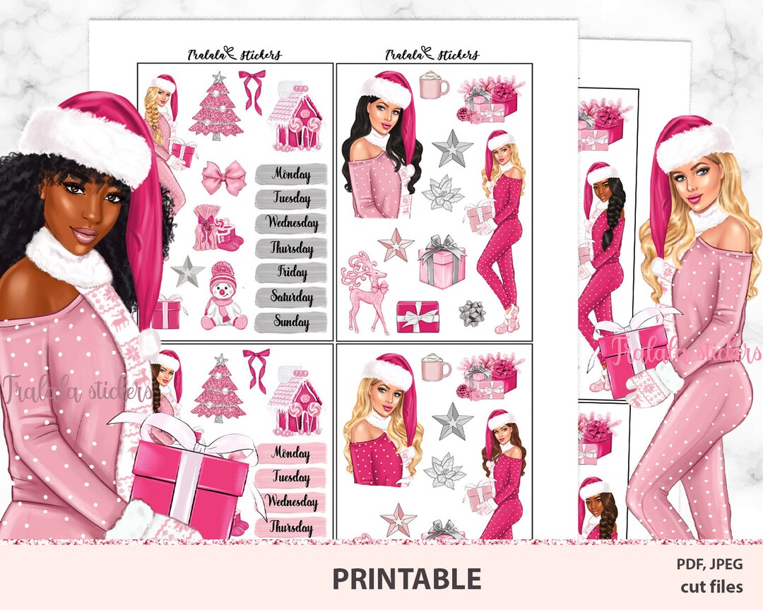 Christmas Stickers Kit Printable, Cute Blond Brunette and Dark Skin ...