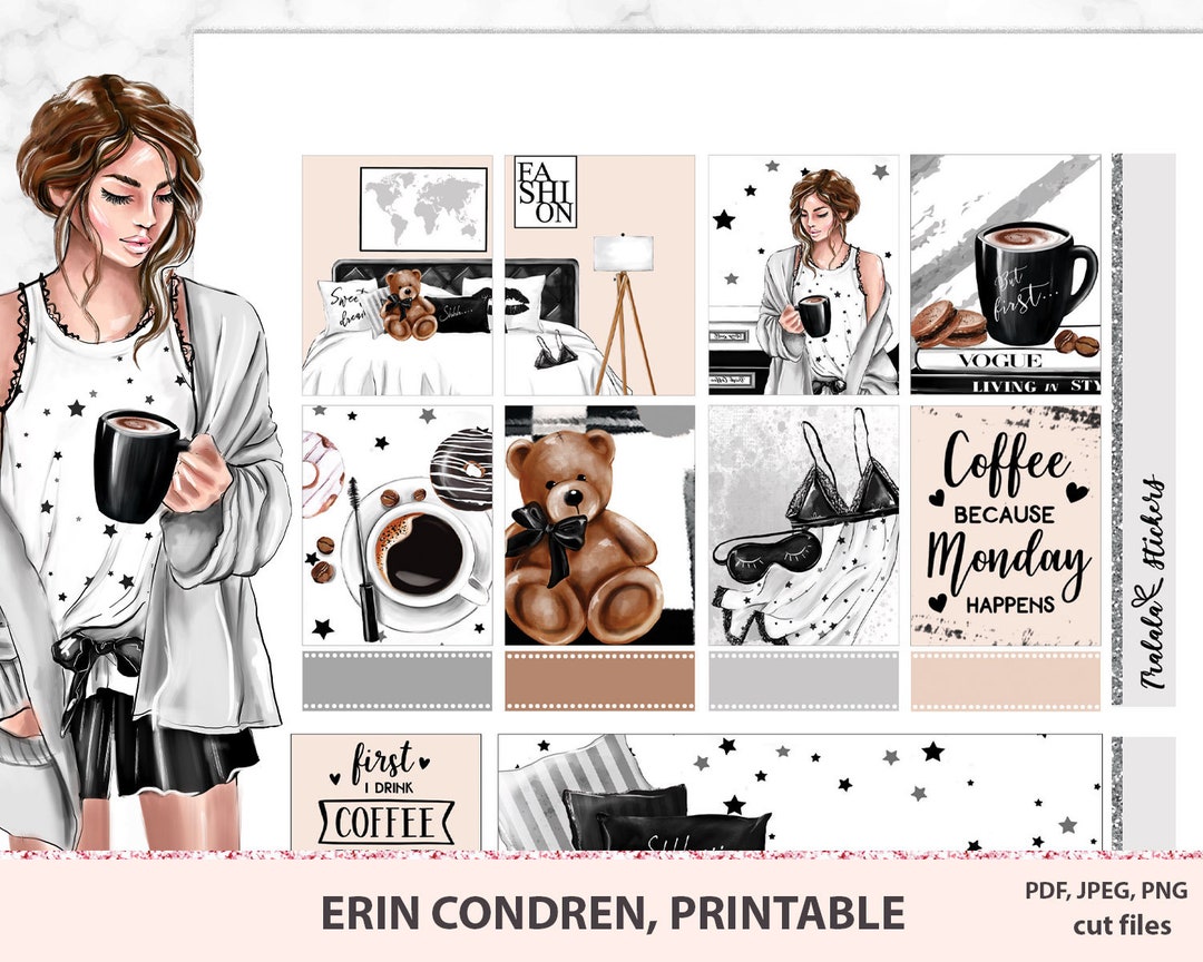 Erin Condren Printable Stickers, Monday Coffee Weekly Kit, Black and ...